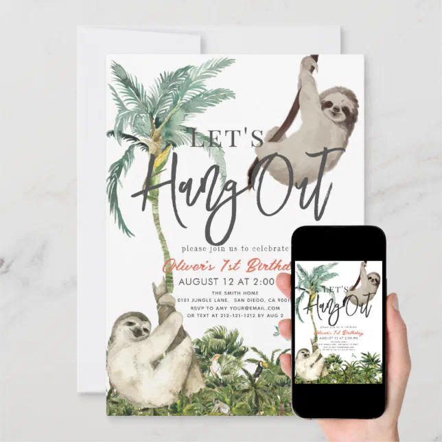 Let's Hang Out Sloth Jungle 1st Birthday Invitation | Zazzle