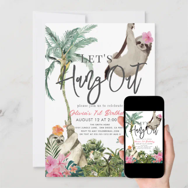 Let's Hang Out Sloth Jungle Girl 1st Birthday Invitation | Zazzle