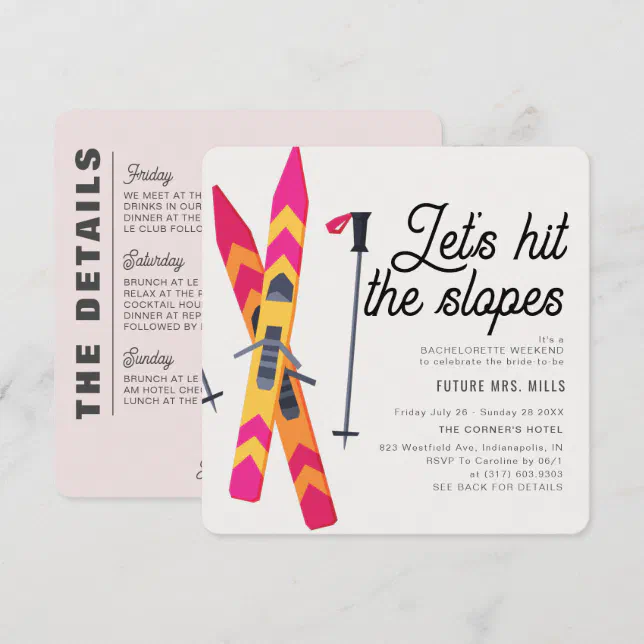 Let's Hit The Slopes Winter Ski Bachelorette Party Invitation | Zazzle