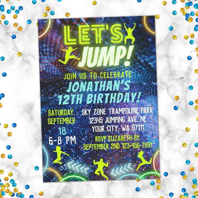 Let's Jump Bounce Neon Trampoline Park Birthday Invitation | Zazzle