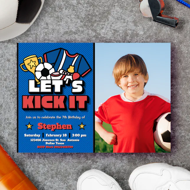 Let's Kick It - Football Soccer with Photo Invitation | Zazzle