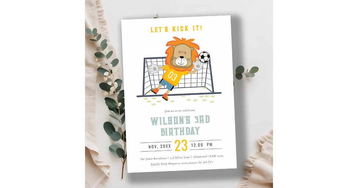 Lets Kick Lion Goalkeeper Soccer Kids Birthday Invitation | Zazzle