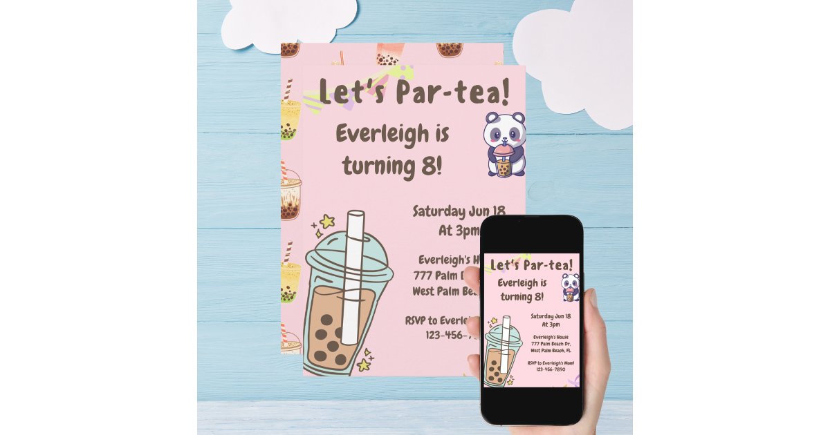 Let's Par-Tea Bubble Tea Birthday Invitation | Zazzle