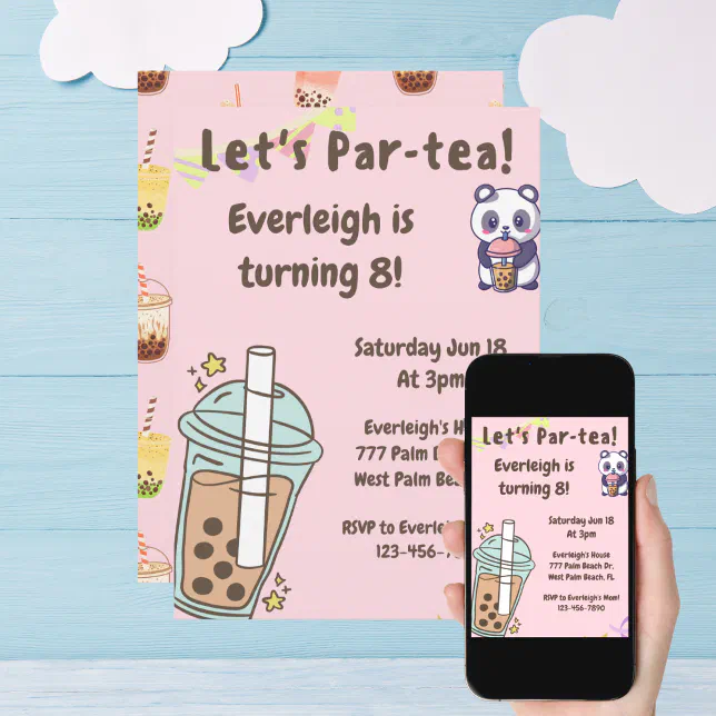 Let's Par-Tea Bubble Tea Birthday Invitation | Zazzle