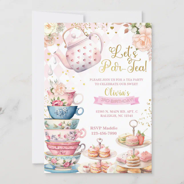 Let's Par-Tea girl birthday invite, Tea Party. Invitation | Zazzle