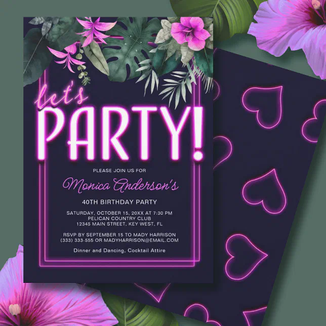 Let's Party Electric Pink Neon Tropical Birthday Invitation | Zazzle