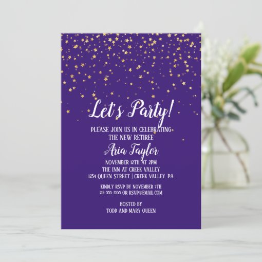 Let's Party Gold Confetti on Purple Party Invitation | Zazzle