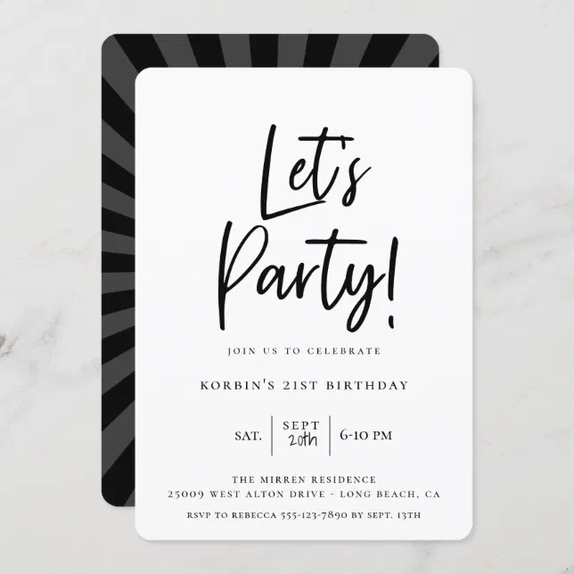 Let's Party Modern Black Script Birthday Invitation | Zazzle