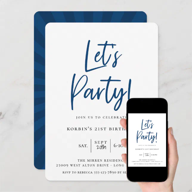 Let's Party Modern Blue Script Birthday Invitation | Zazzle
