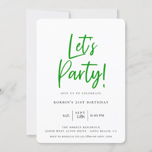 Let's Party Modern Green Script Birthday Invitation | Zazzle
