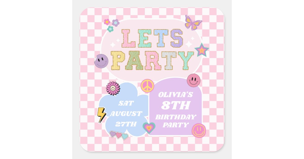 Let's Party Preppy Varsity Patch Birthday Party Square Sticker | Zazzle