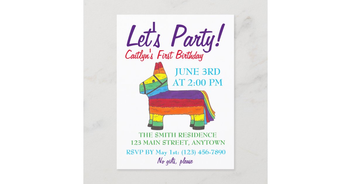 Let's Party Rainbow Donkey Birthday Fiesta Piñata Invitation Postcard ...