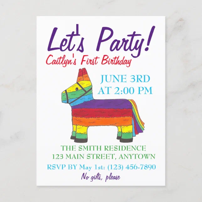 Let's Party Rainbow Donkey Birthday Fiesta Piñata Invitation Postcard ...