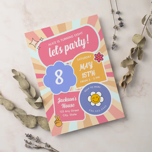 Let's Party Retro Groovy Pink Girl Birthday Invitation | Zazzle