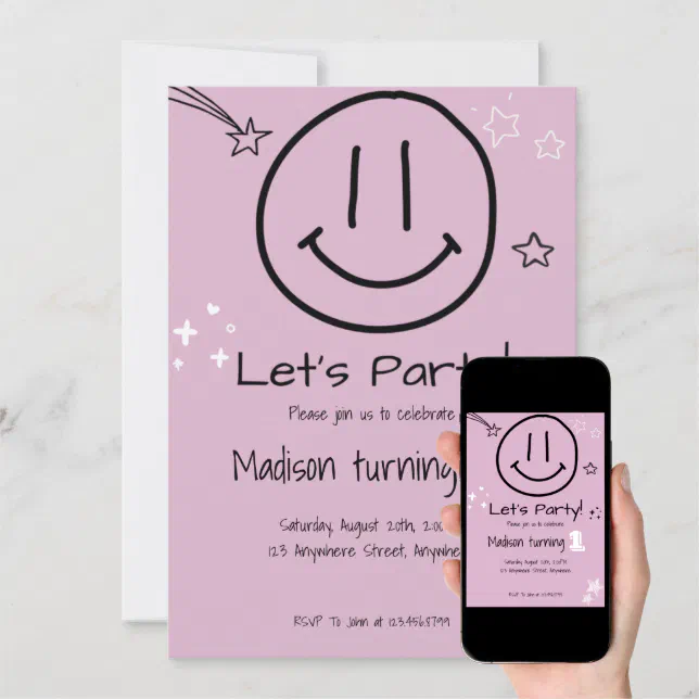 Let's Party Smiling Face Birthday Invitation | Zazzle