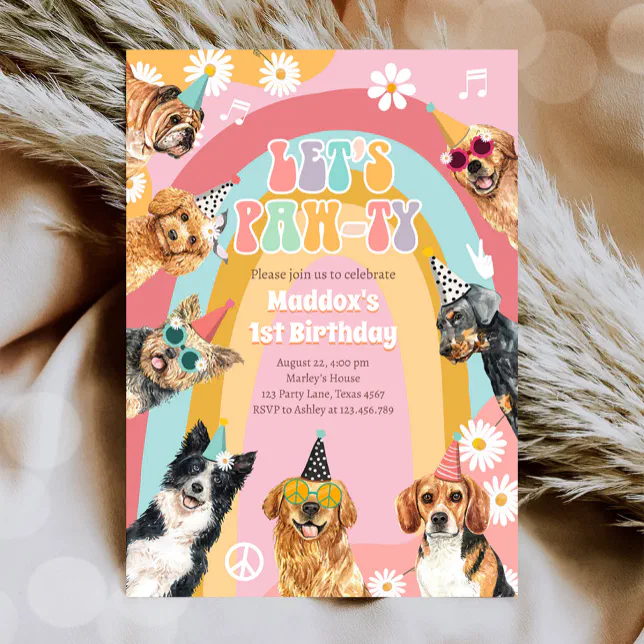 Let's Pawty Dog Retro Groovy Girl Birthday Invitation | Zazzle