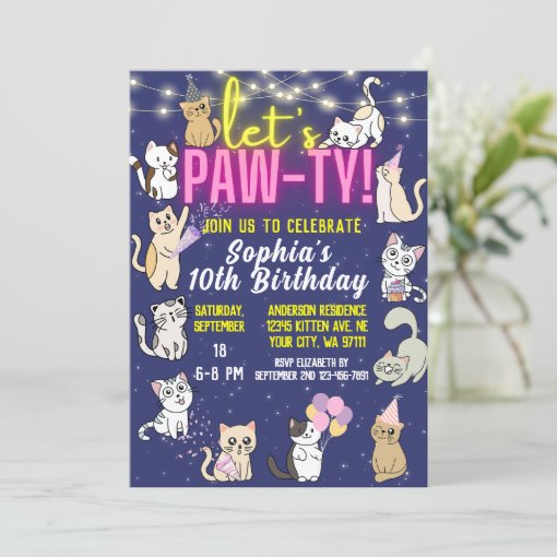 Let's Pawty Neon Pink Glow Cute Kittens Cats Party Invitation | Zazzle