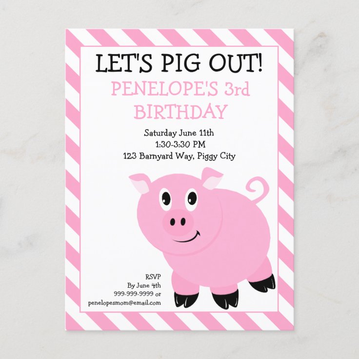 Let's Pig Out Birthday Party Postcard Invitation | Zazzle