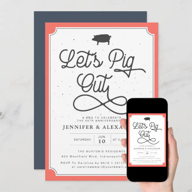 Let's Pig Out Coral Navy BBQ Anniversary Party Invitation | Zazzle