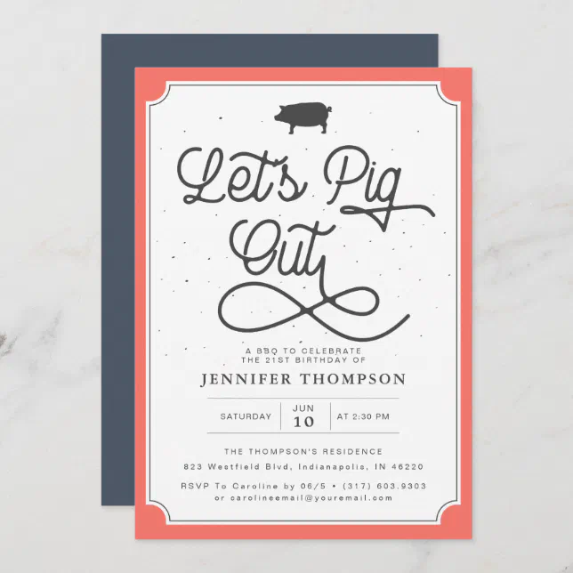 Let's Pig Out Coral Navy BBQ Birthday Party Invitation | Zazzle