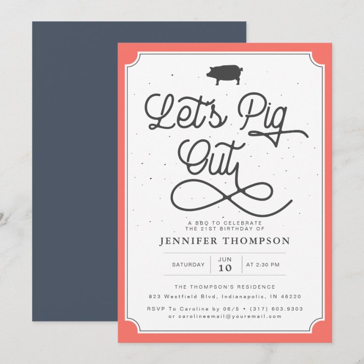 Let's Pig Out Coral Navy BBQ Birthday Party Invitation | Zazzle