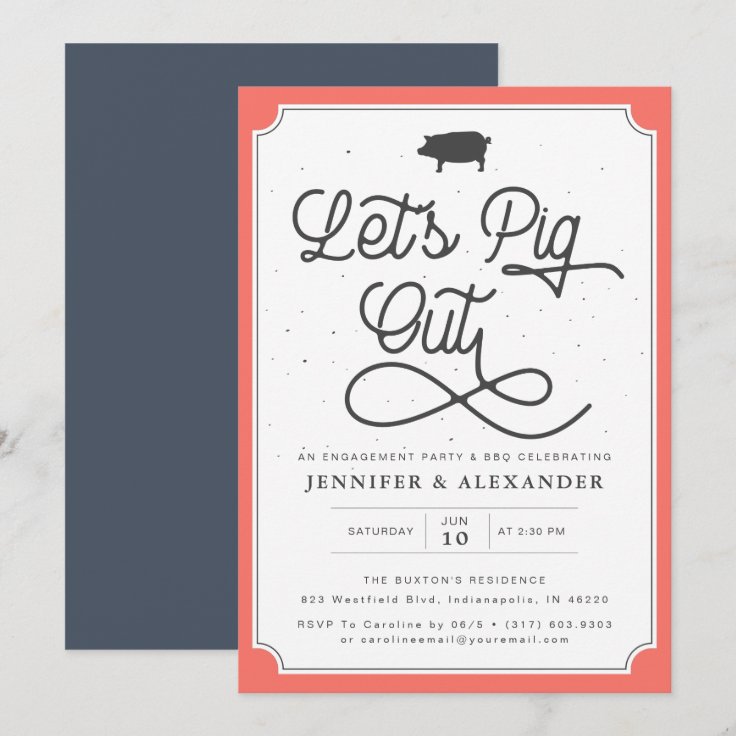 Let's Pig Out Coral Navy I Do BBQ Engagement Party Invitation | Zazzle