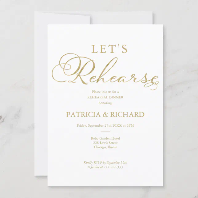 Let's Rehearse Simple Gold Foil Rehearsal Dinner Invitation | Zazzle