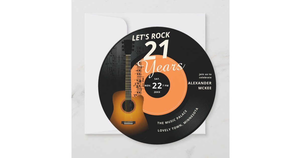 Let's Rock 21 Years Guitar Vintage Record Birthday Invitation | Zazzle