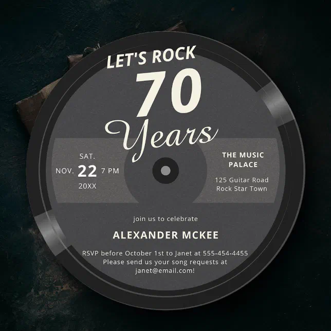 Let's Rock 70 Years Vintage Record Label Birthday Invitation | Zazzle