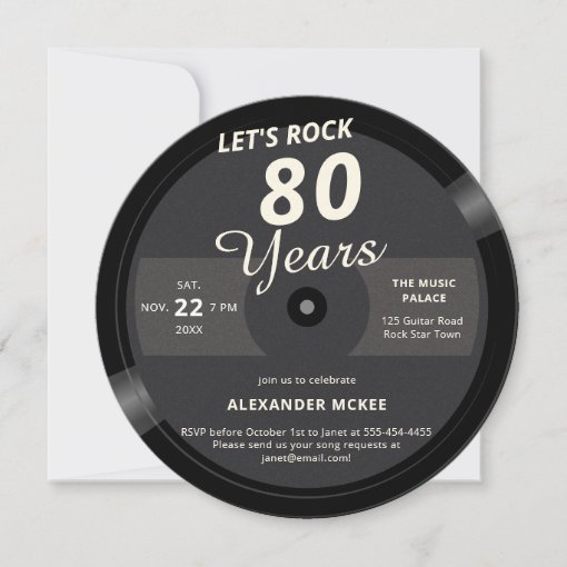 Let's Rock 80 Years Vintage Record 80th Birthday Invitation | Zazzle