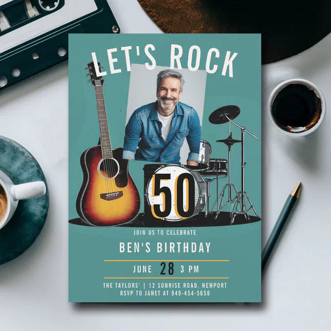 Let's Rock Guitar Drums Men 50th Birthday Photo Invitation | Zazzle