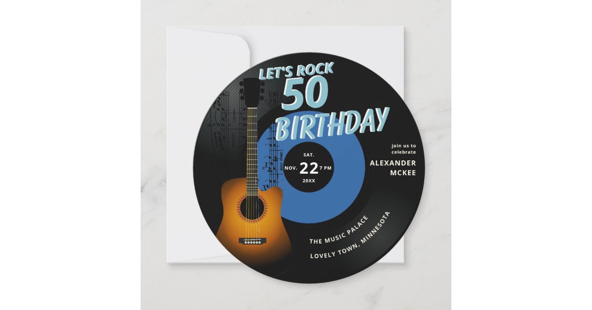 Let's Rock Guitar Music Notes Blue 50th Birthday Invitation | Zazzle
