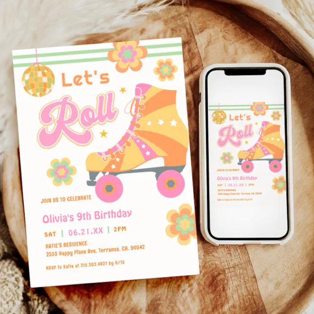 Let's Roll Girl Roller Skating Birthday Party Invitation | Zazzle