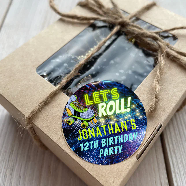 Let's Roll Glow Roller Skating Boys Party Favor Classic Round Sticker ...