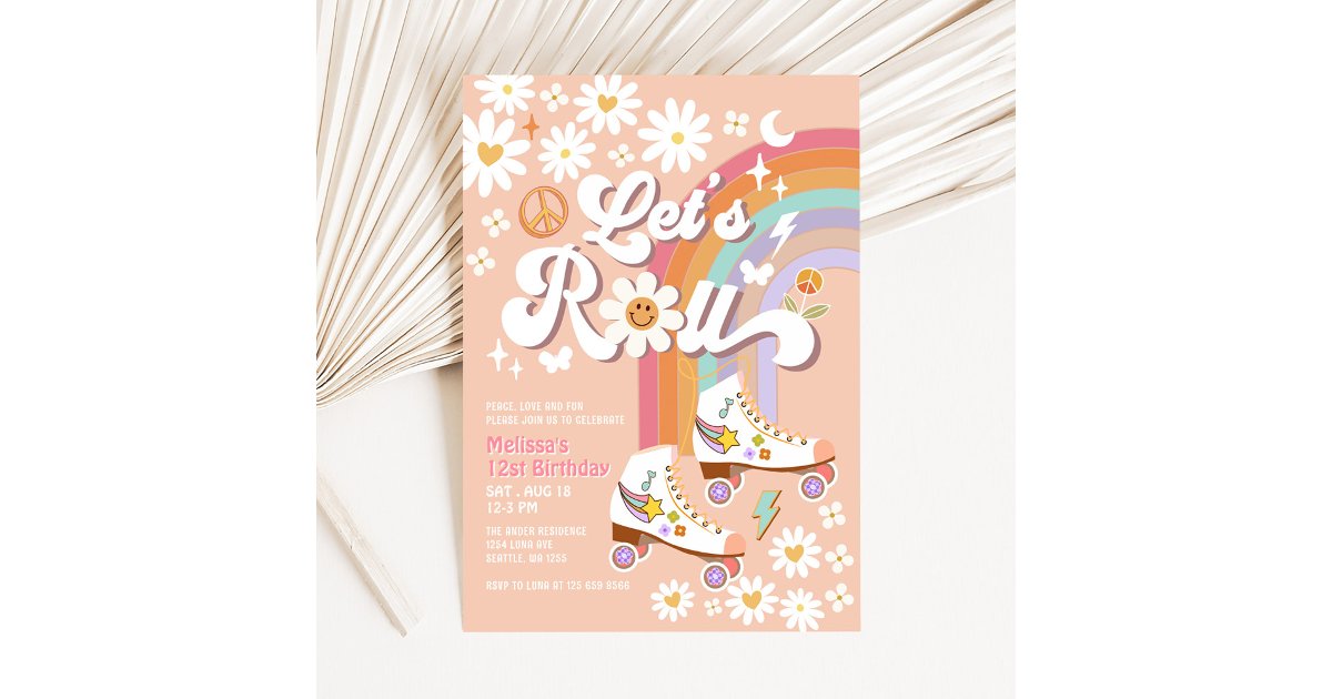 Lets Roll Retro Groovy Roller Skate Daisy Birthday Invitation | Zazzle