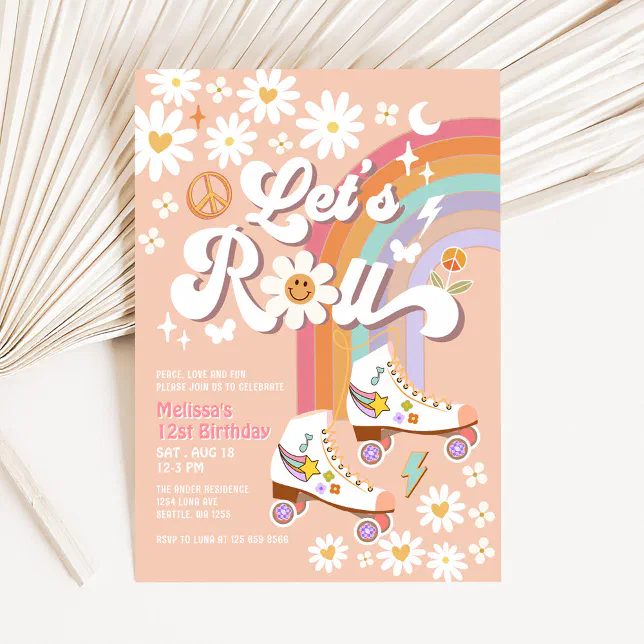 Lets Roll Retro Groovy Roller Skate Daisy Birthday Invitation | Zazzle
