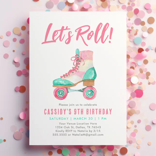 Let's Roll Retro Roller Skate Girl Birthday Invitation | Zazzle