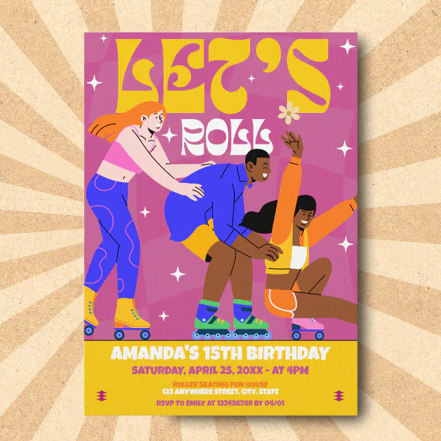 Let's Roll Roller Skate Retro Birthday Party Invitation | Zazzle