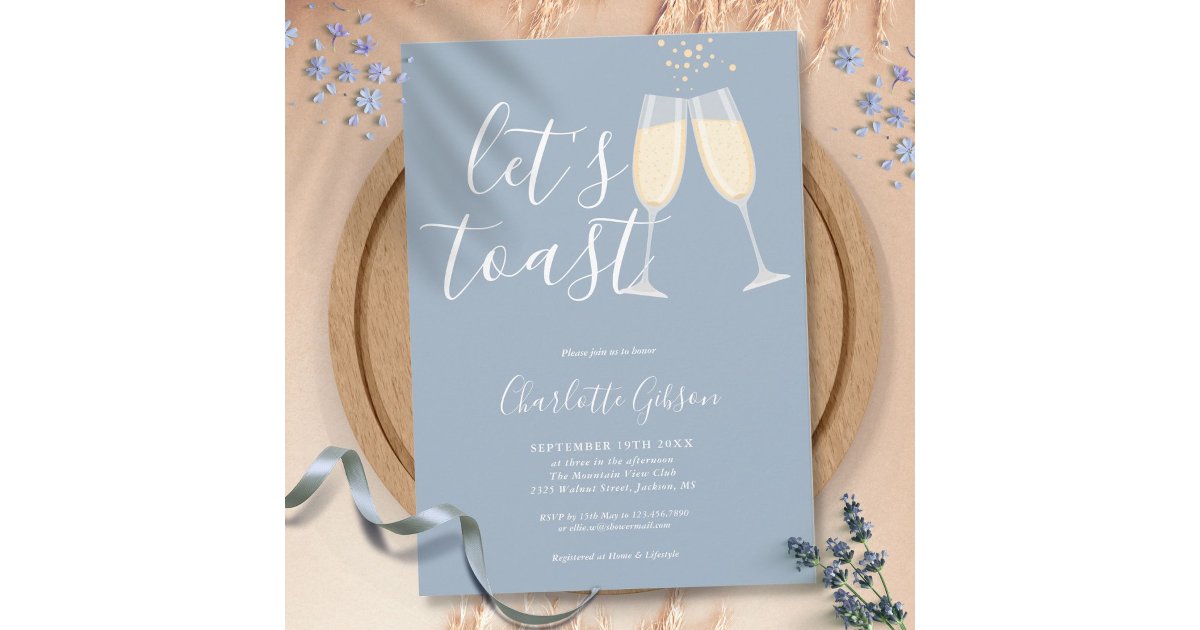 Let's Toast Script Bridal Shower Dusty Blue Invitation | Zazzle