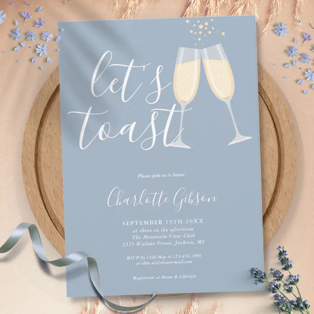 Let's Toast Script Bridal Shower Dusty Blue Invitation | Zazzle