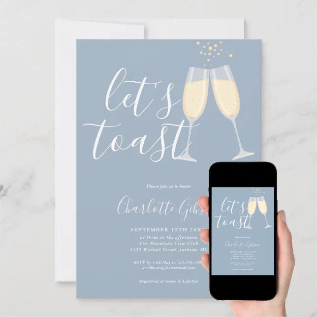 Let's Toast Script Bridal Shower Dusty Blue Invitation | Zazzle