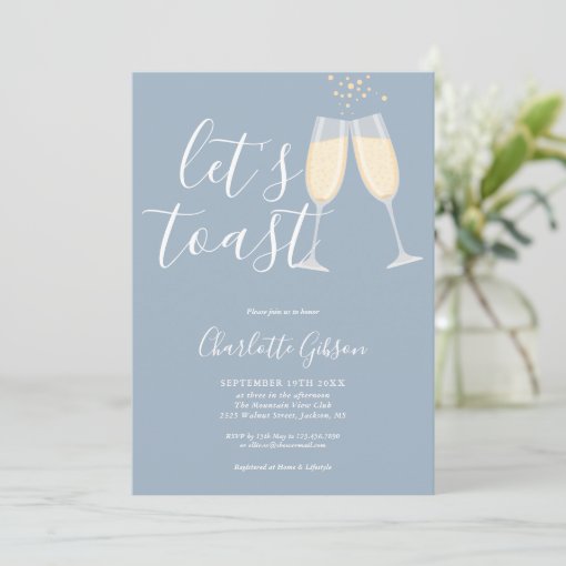 Let's Toast Script Bridal Shower Dusty Blue Invitation | Zazzle