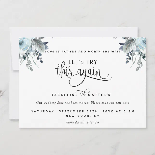 Let's Try This Again, Blue, White and Gray Floral Save The Date | Zazzle