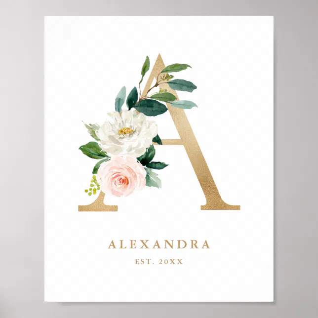 Letter A Blush Floral Monogram Gold Foil Nursery Poster | Zazzle