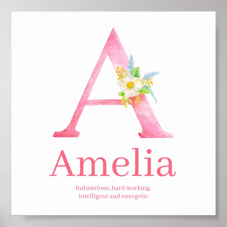 Letter A watercolor art pink Amelia name meaning Poster | Zazzle