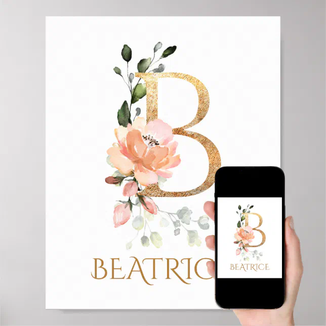 Letter B Monogram Pink Peach rose Nursery Poster | Zazzle