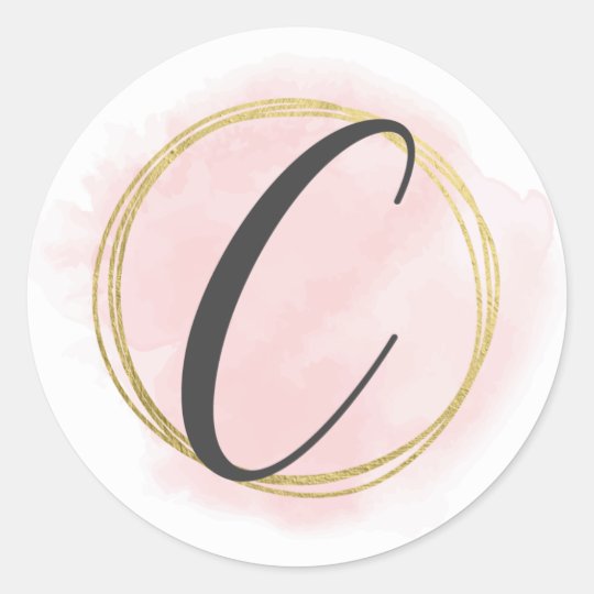 Letter C Monogram Blush Pink Watercolor Gold Chic Classic Round Sticker ...