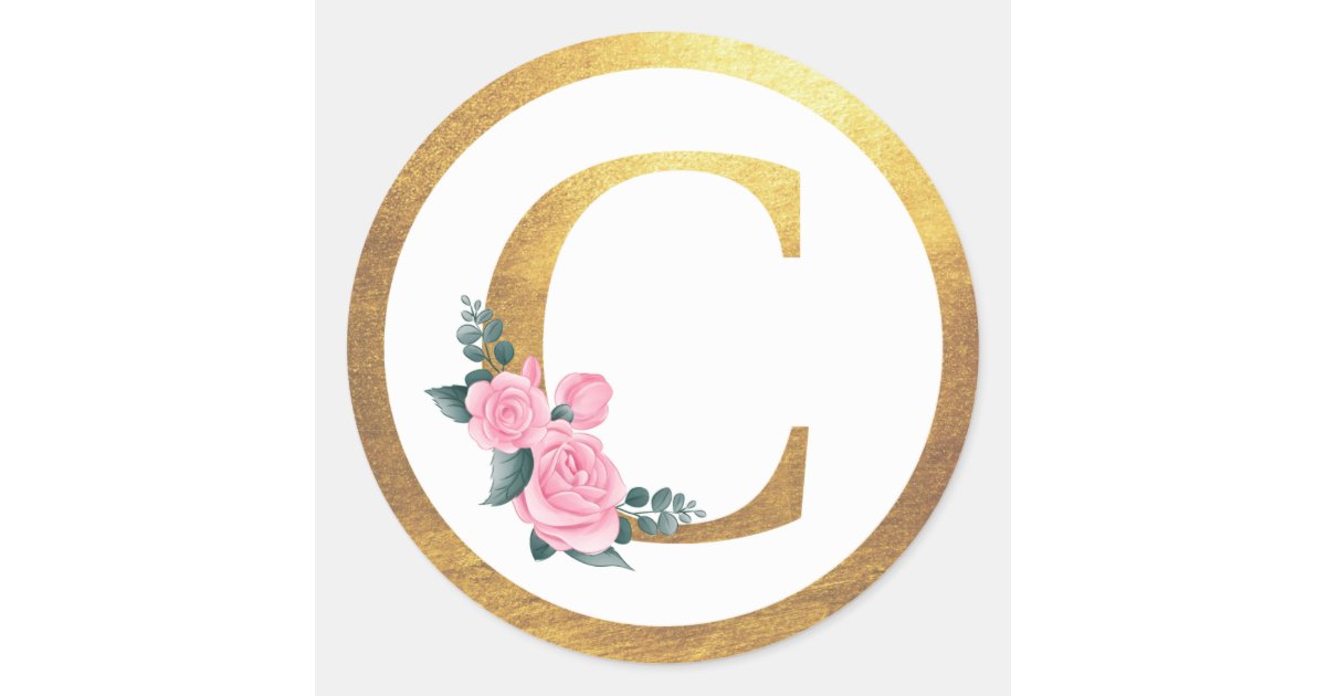 Letter C Monogram Pink Roses Floral & Elegant Gold Classic Round ...