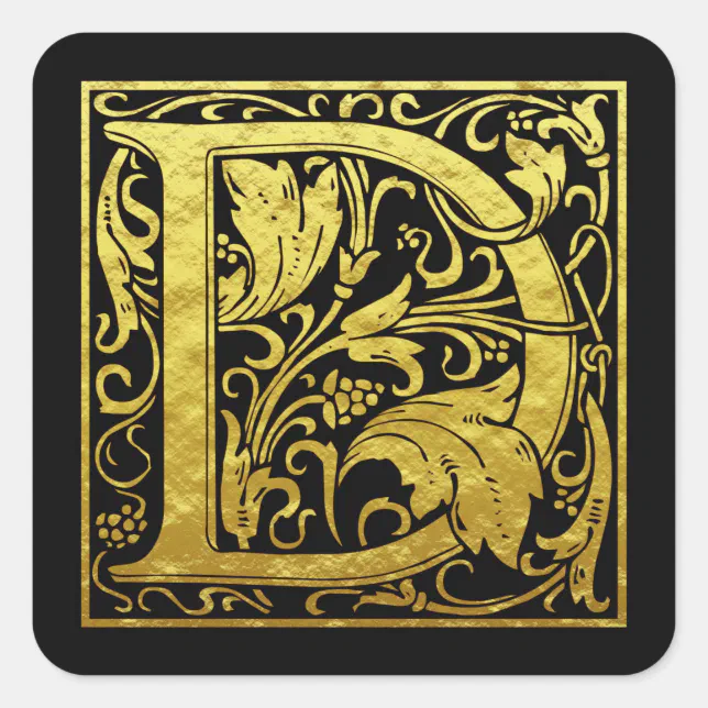 Letter D First Letter Faux Gold Black Square Sticker | Zazzle