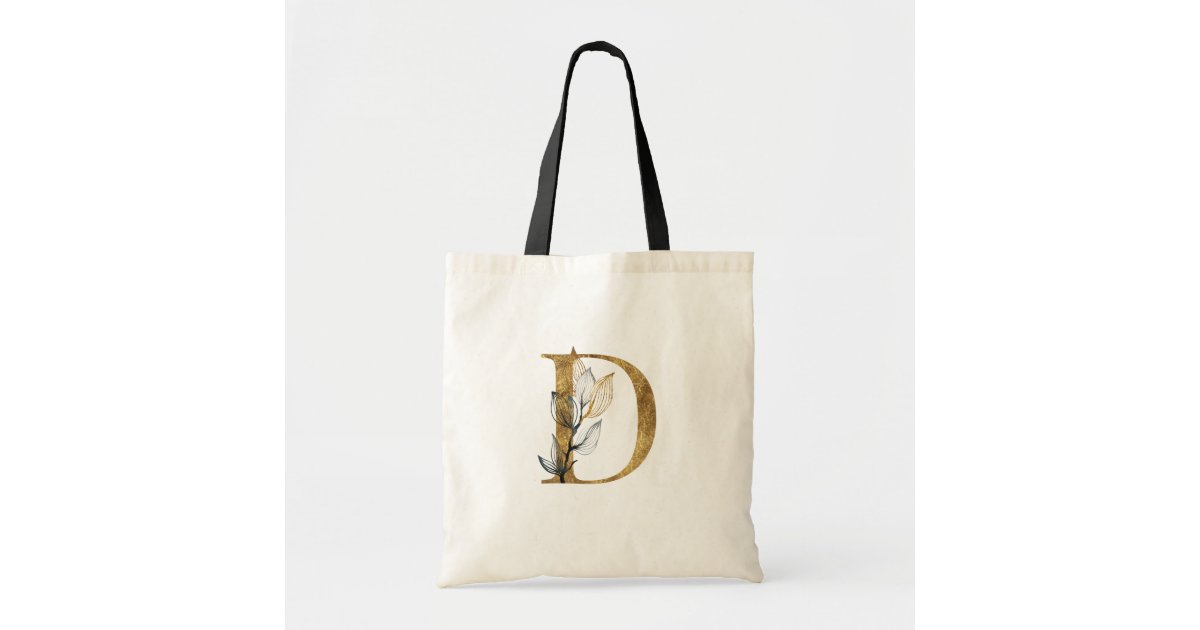 Letter D Gold Monogram Initial Black Leaves Tote Bag | Zazzle